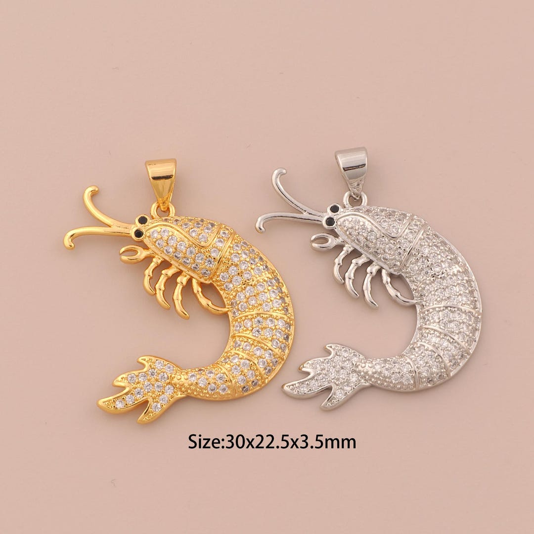 18K Gold Shrimp Charms,cz Pave Marine Life Charms Pendants,shrimp Charm ...
