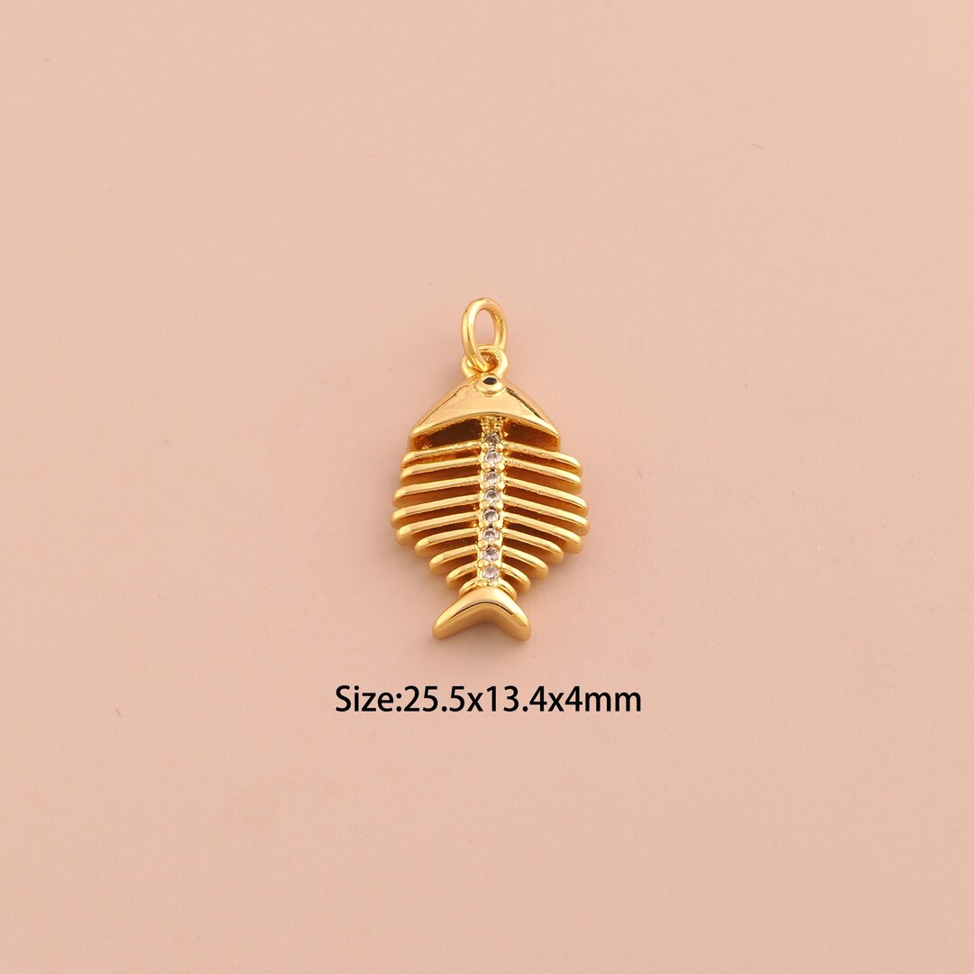 18K Gold Fishbone Charms,cz Pave Fishbone Charms Pendants,fishbone ...