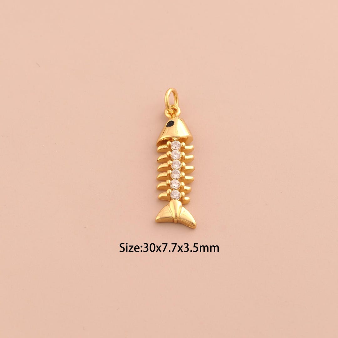 18K Gold Fishbone Charms,cz Pave Fishbone Charms Pendants,fishbone ...