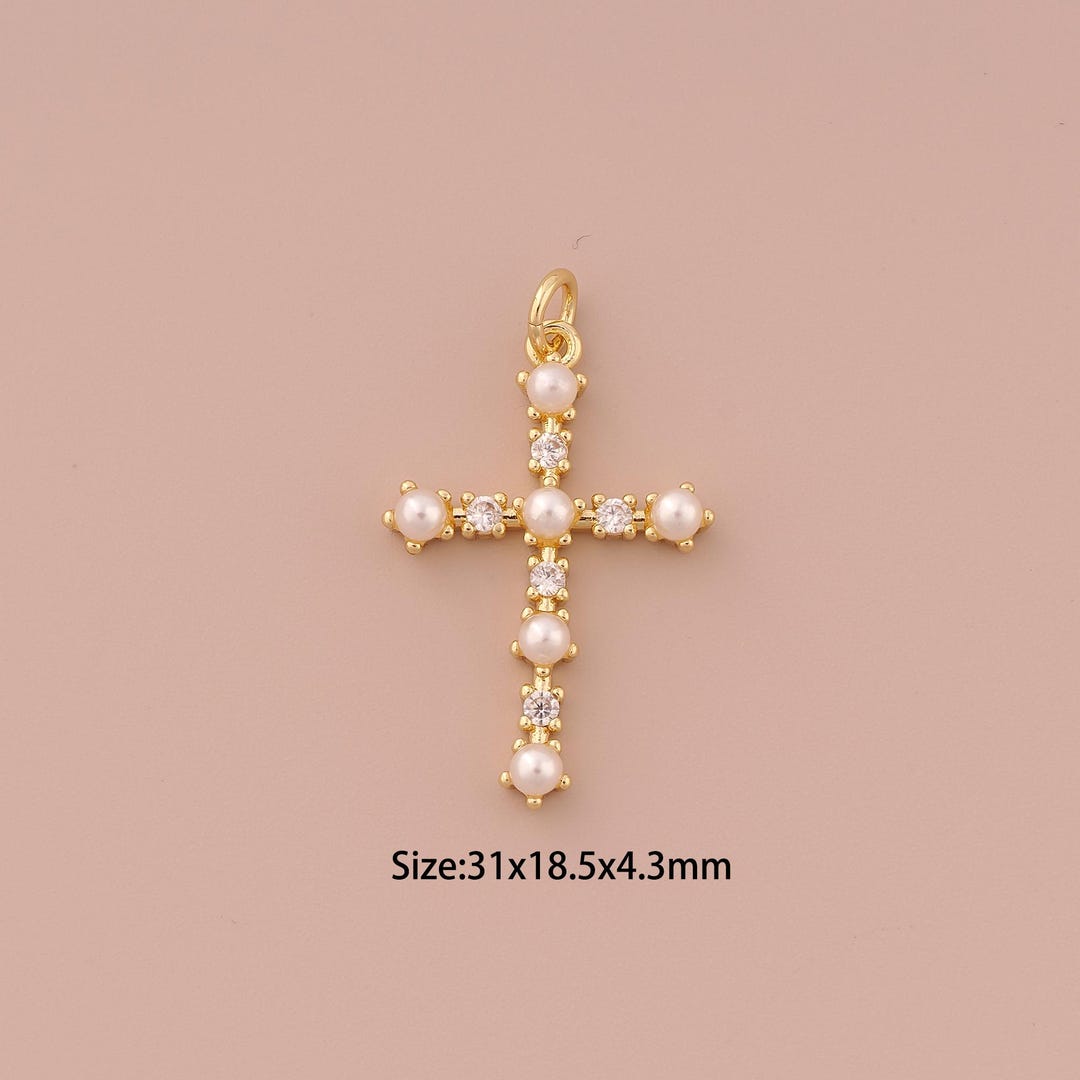 18K Gold Cross Charms,cz Pave Religious Charms Pendants,pearl Christian ...