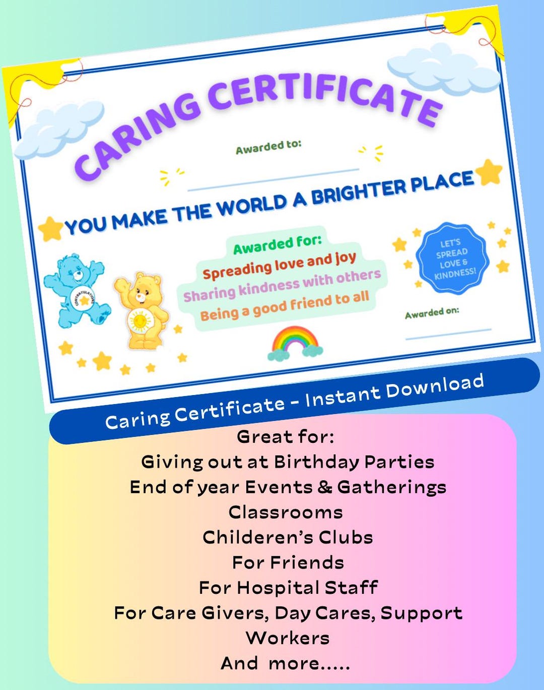 Caring Certificate Template - Vintage Care Bears - PDF Download ...
