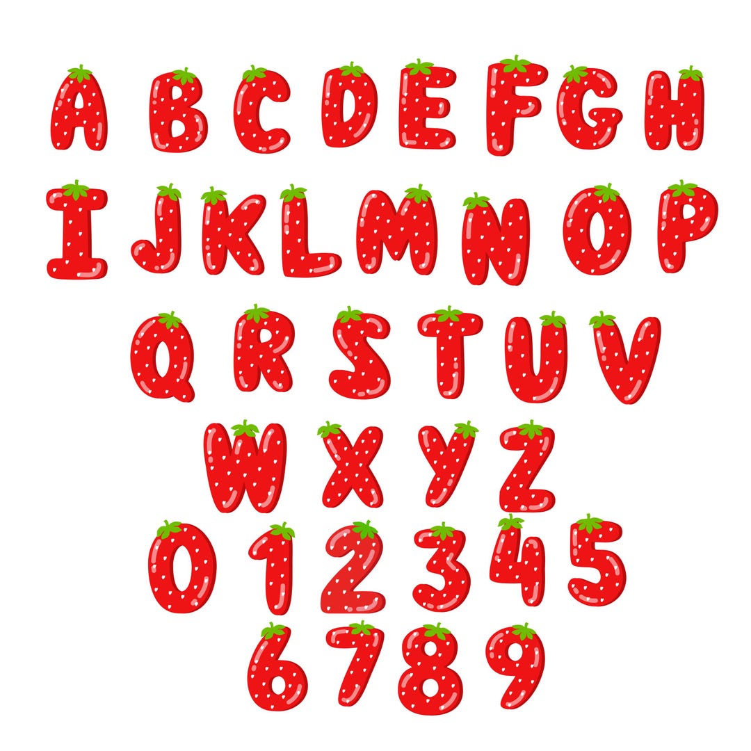 Strawberry Letters Numbers Clip Art: Cartoon PNG Digital Download - Etsy