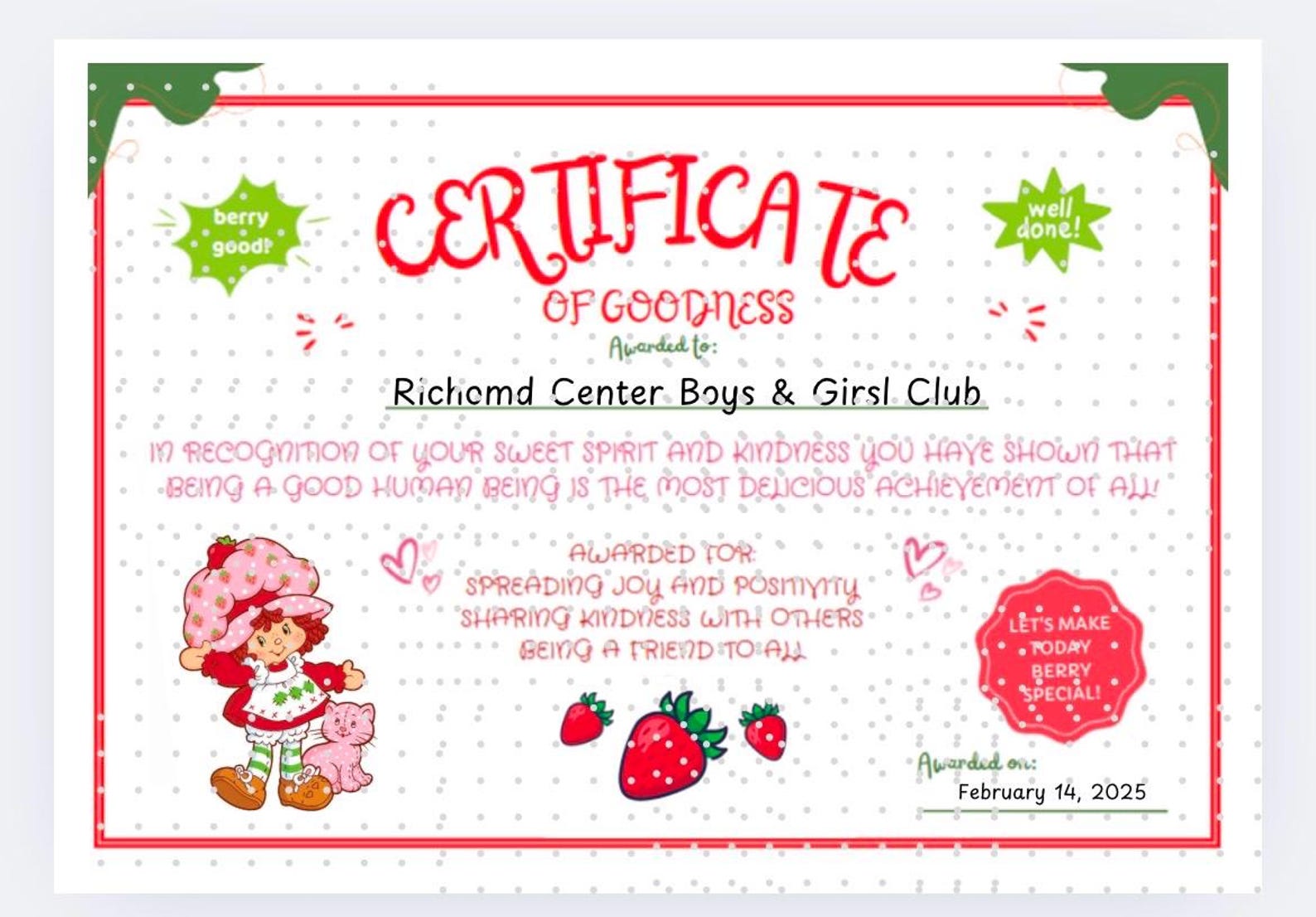 Strawberry Girl Goodness Certificate: Printable PDF for Kids, Teachers ...