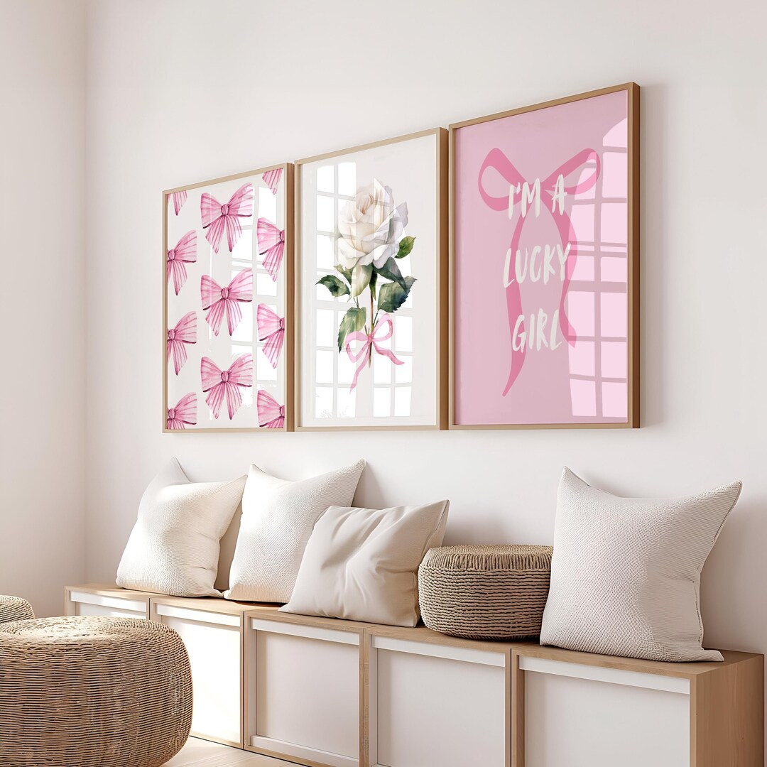 Lucky Girl Coquette Room Decor 3 Piece Wall Art Floral Print Rose Art ...