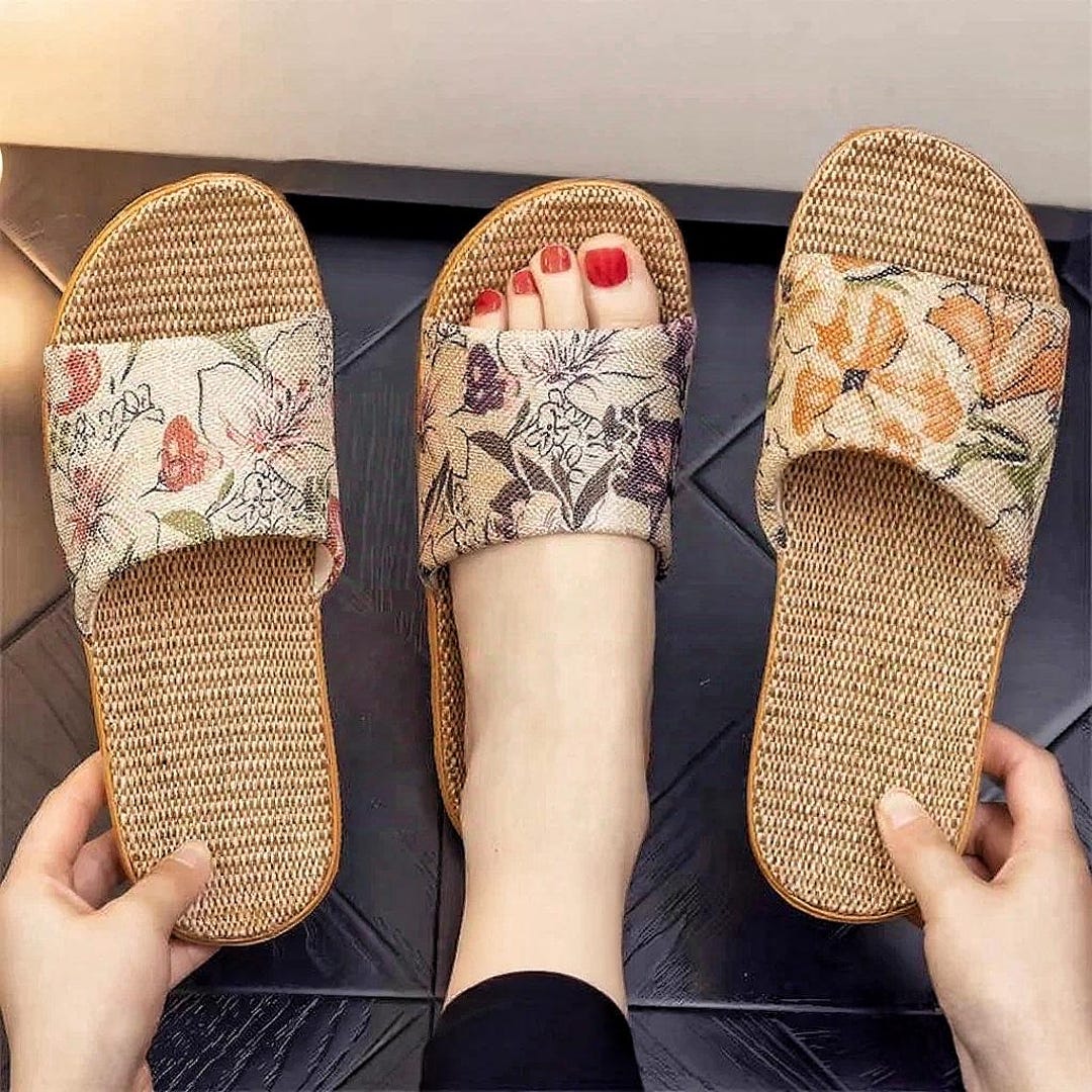 Floral Summer Open-toes Linen Slippers, Breathable Women House Shoes ...
