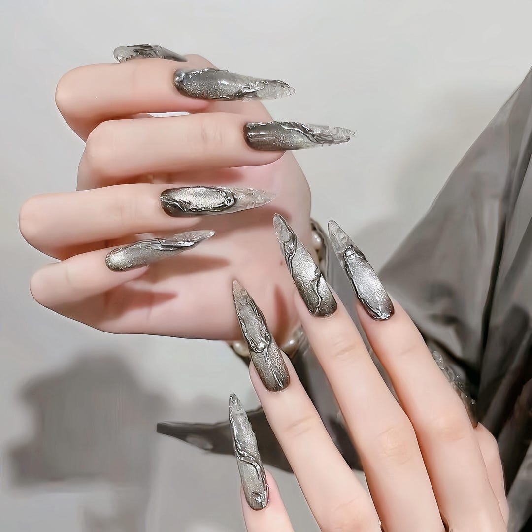 Moonlight Glass Nails, Black Cat Eye & Mirror Metal, Gothic Press on ...