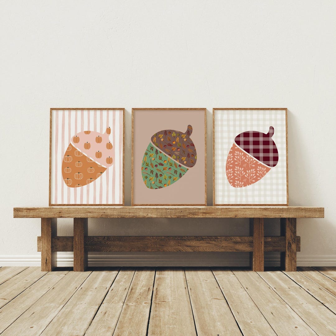Acorn Wall Art Set of 3 Poster Plaid Acorn Poster Printable Art Fall ...