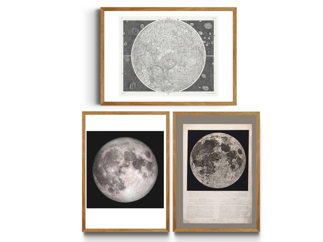 Full Moon Poster Set Triptych Wall Art Lunar Map Print Moon Photo ...