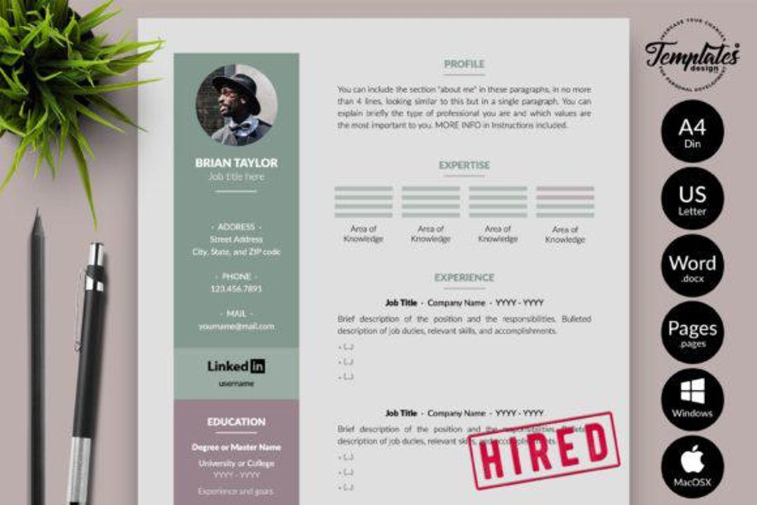 Modern Resume CV Template for Word & Pages Brian Taylor - Etsy