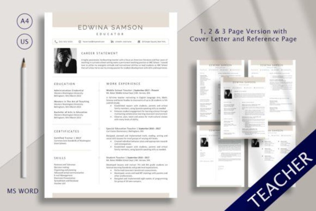 Teacher Resume, Elementary Cv Template - Etsy