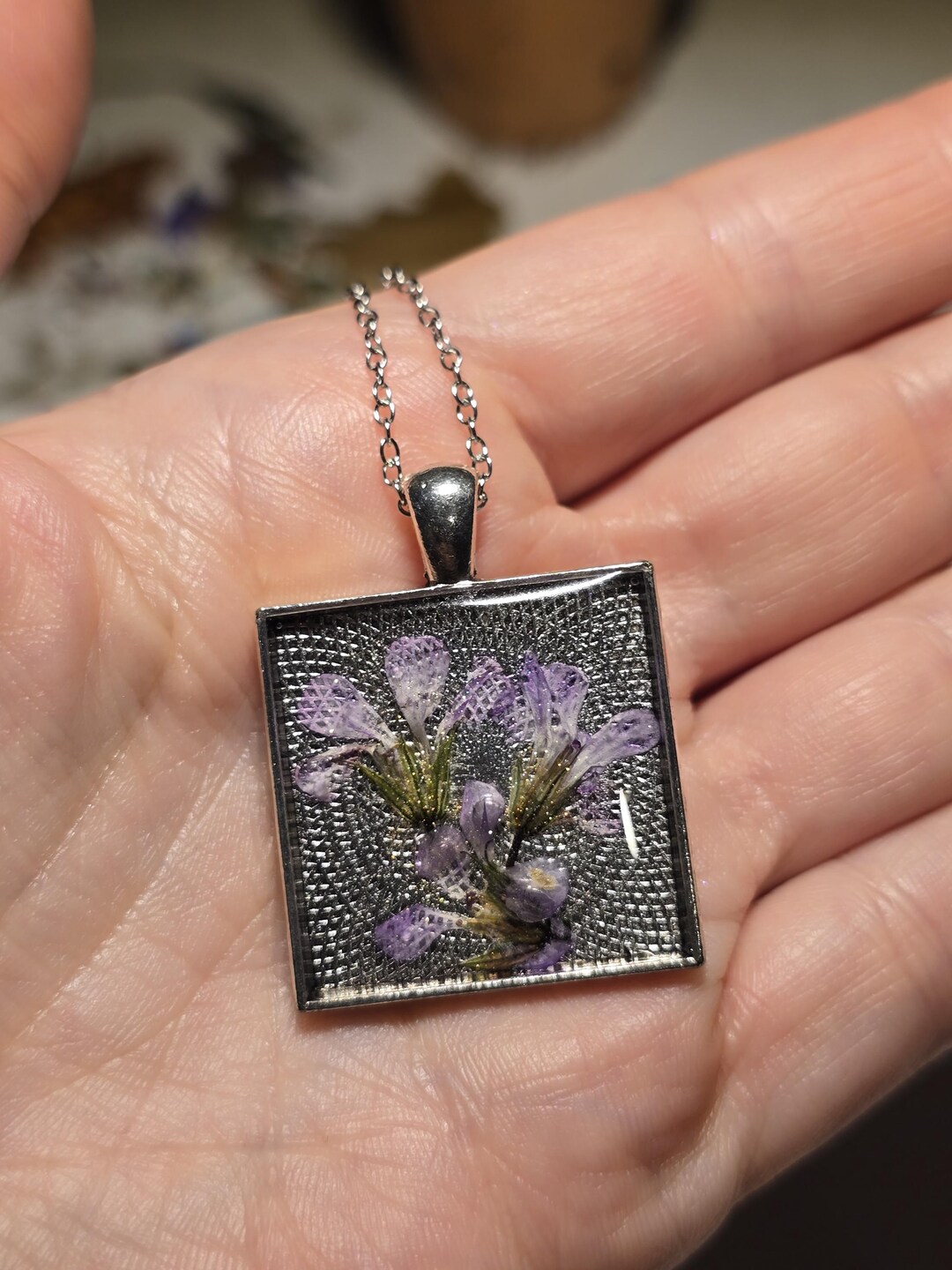 Square Silver Pendant Purple Flowers - Etsy UK