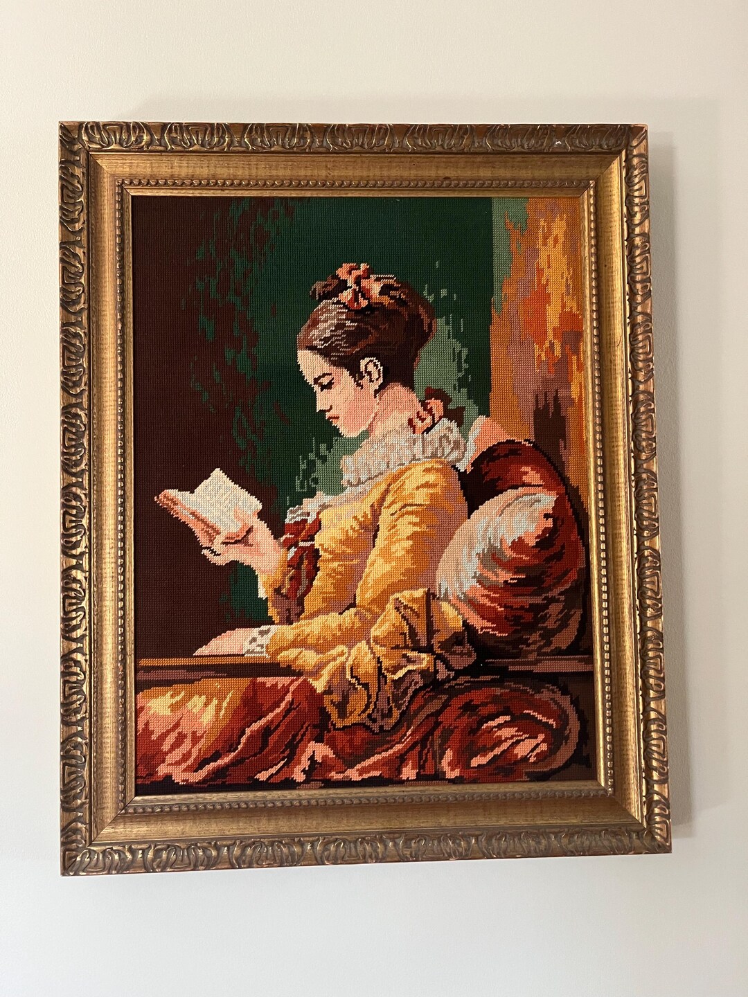 Large Completed Needlepoint Vintage Framed Jean-honoré Fragonard the ...