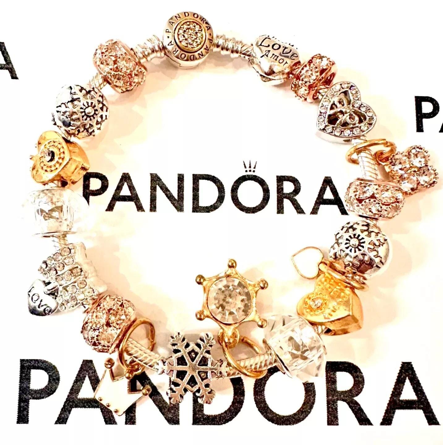 PANDORA Signature Bracelet With Sparkling Tiara Love Heart Charms ...