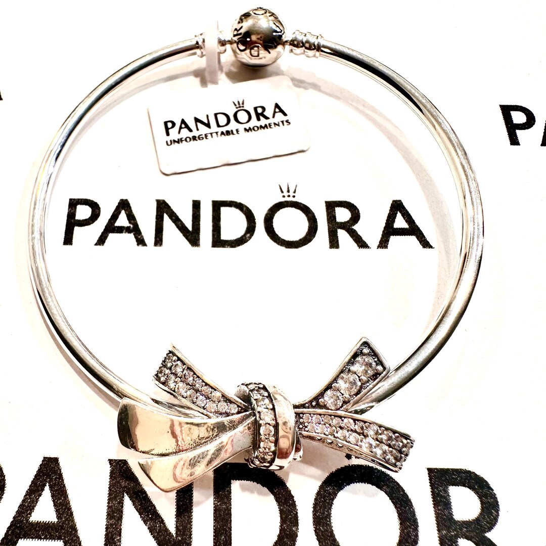Authentic PANDORA Moments Sterling Silver Brilliant Bow Bangle With ...
