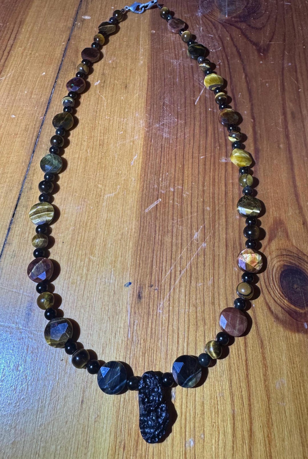 Tigers Eye Agate, Obsidian, and Tektite Necklace. 52cm With Double ...