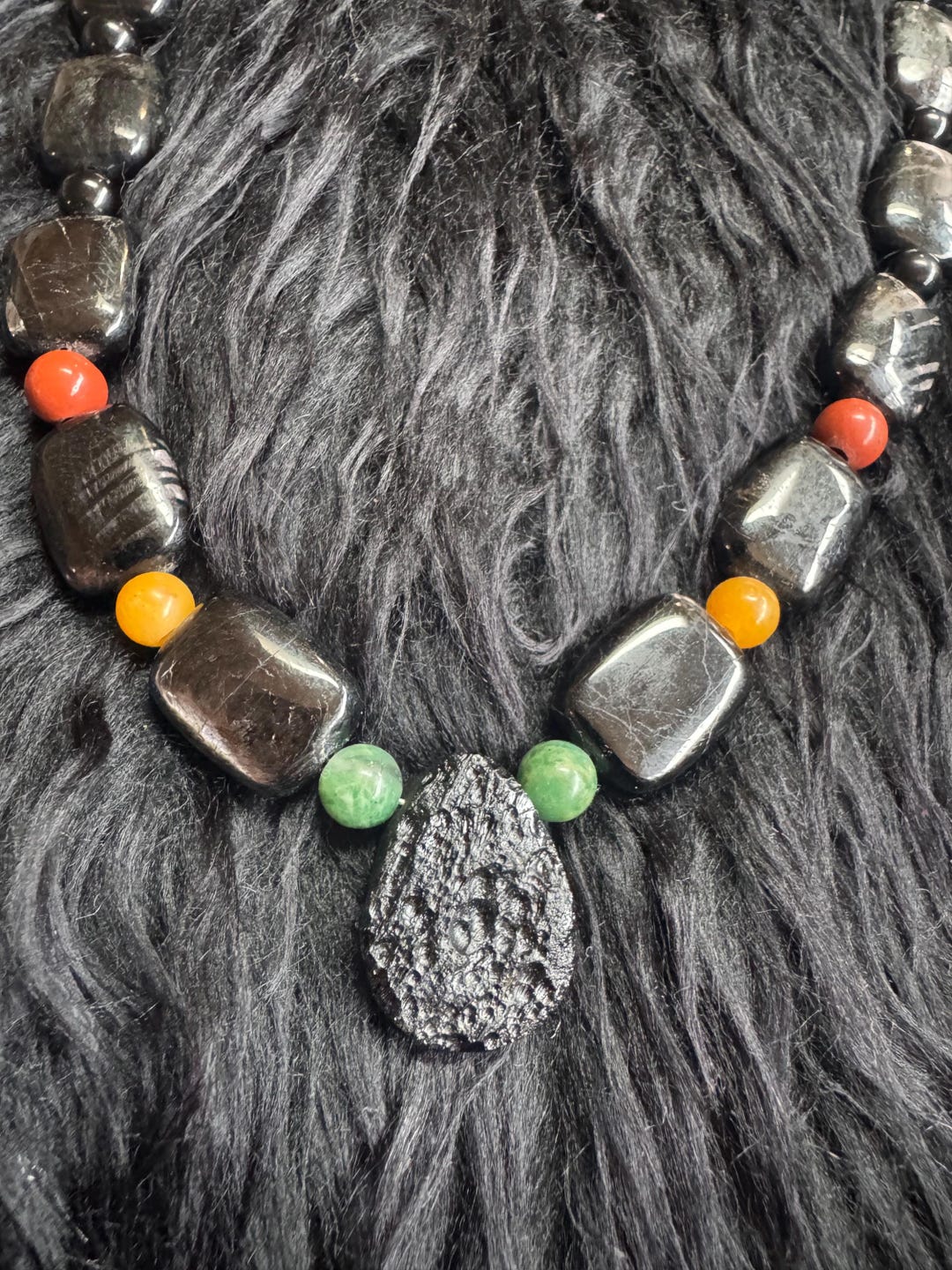 Hypersthene, Obsidian, Jade, Jasper, and Tektite in a Beaded Necklace ...