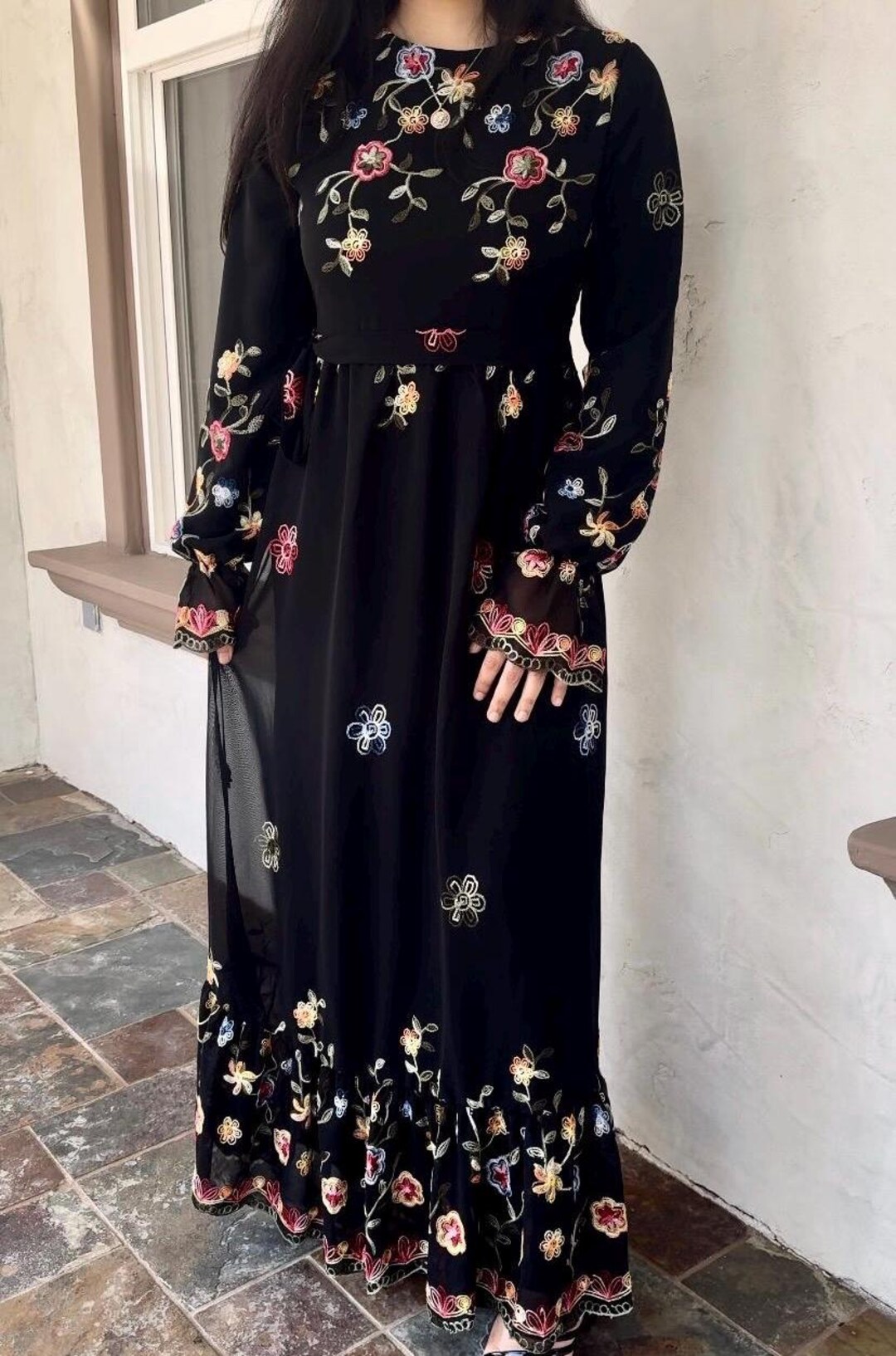Long Sleeve Chiffon Maxi Dress- Floral Embroidery - Etsy