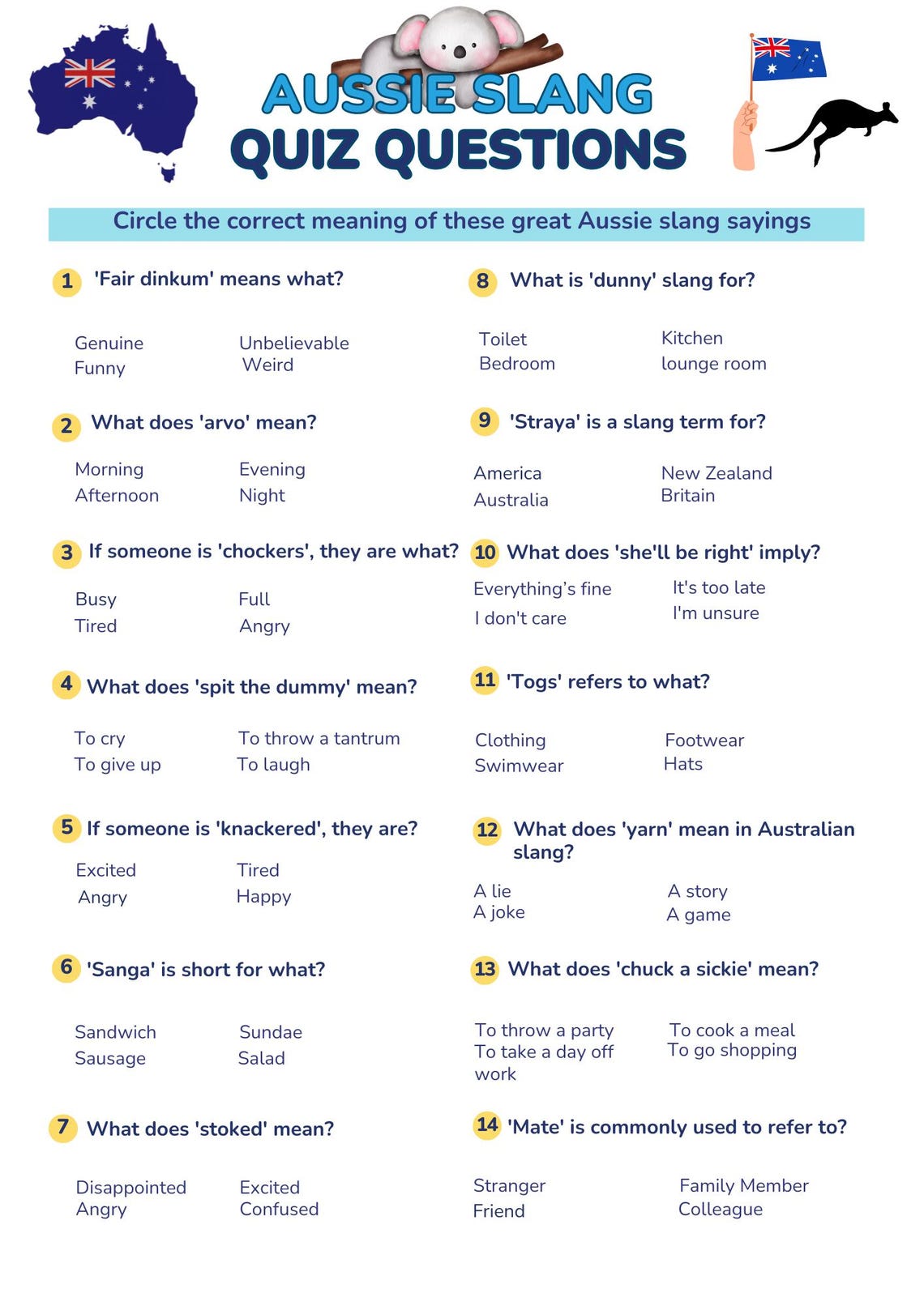 Aussie Slang Quiz: Australia Day Party Game (printable PDF Download A4 ...