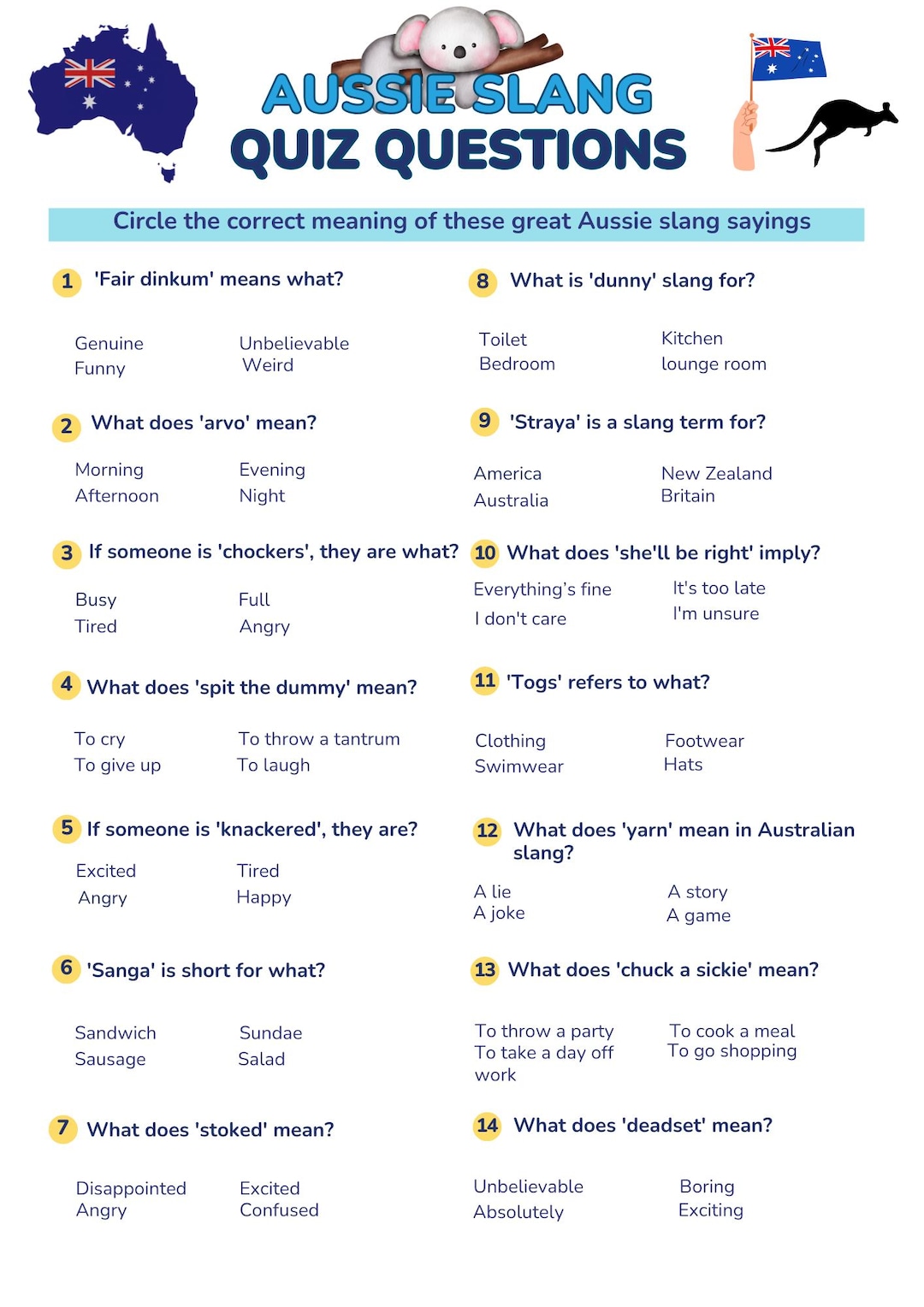 Aussie Slang Quiz Digital Print, Australia Game,quiz, Party Game, Party ...