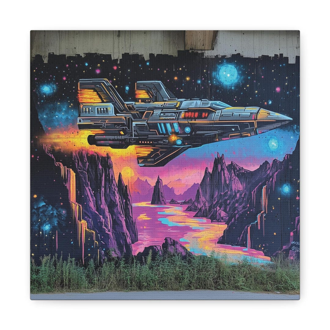 Galactic Cruiser Mural Spray Paint Art of a Spaceship Over an Alien ...