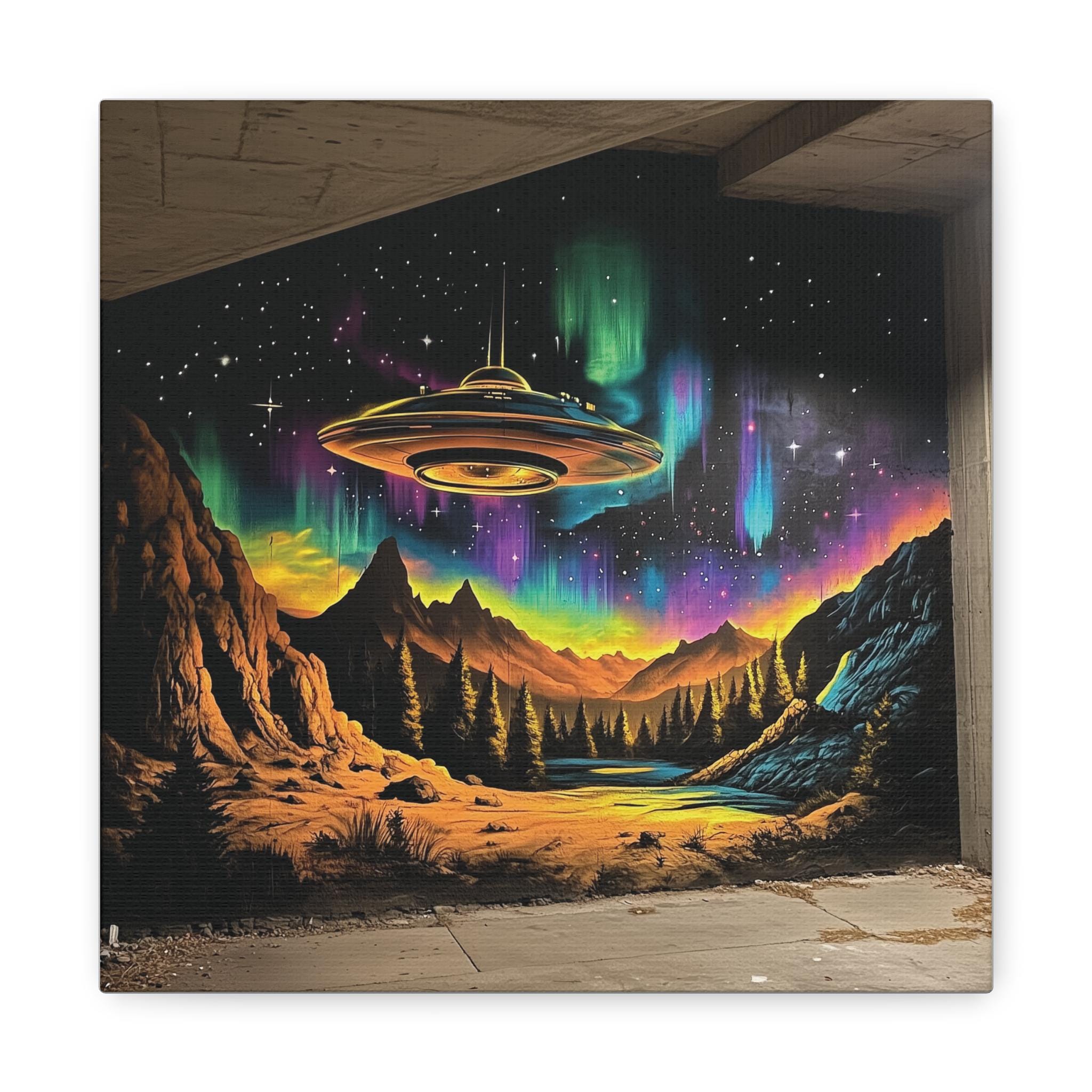 Aurora UFO Encounter Mural Spray Paint Art of a UFO and Northern Lights ...