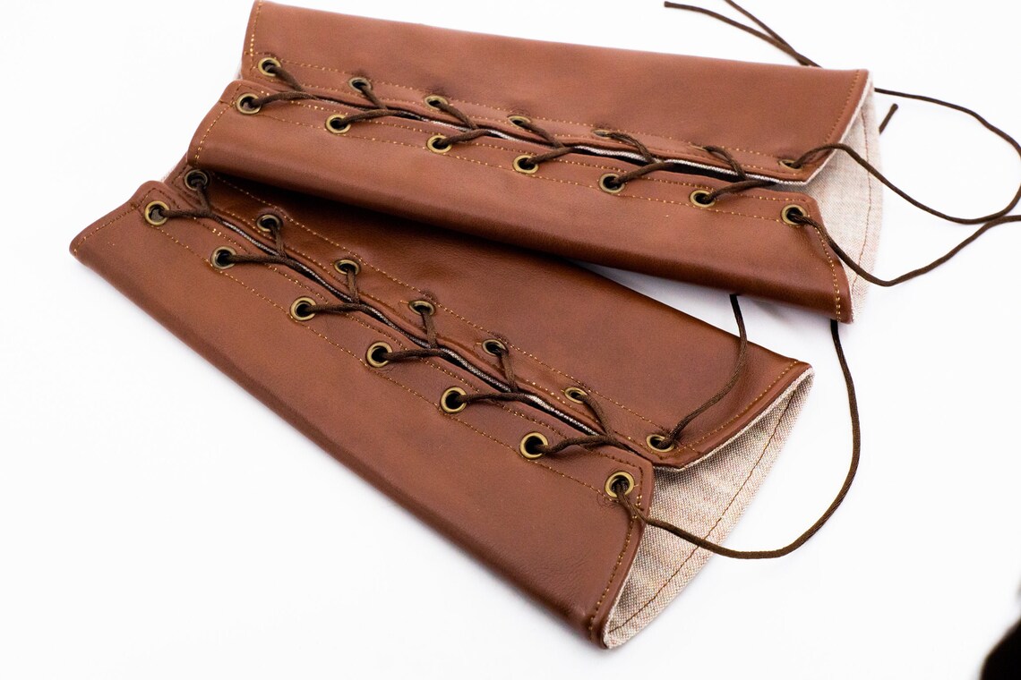 Faux Leather Gauntlets MEDIUM Chestnut Brown Rounded Long Bracers Laces ...
