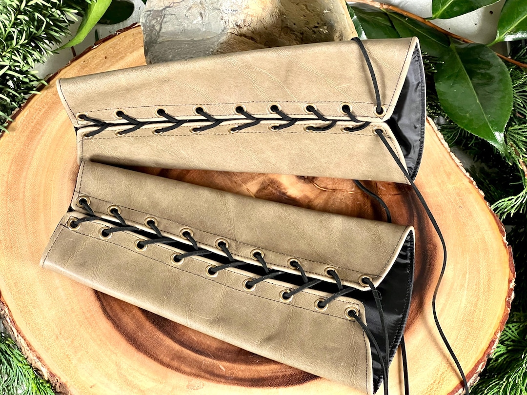 Leather Gauntlets MEDIUM Sage Green Rounded Long Bracers Black Laces ...