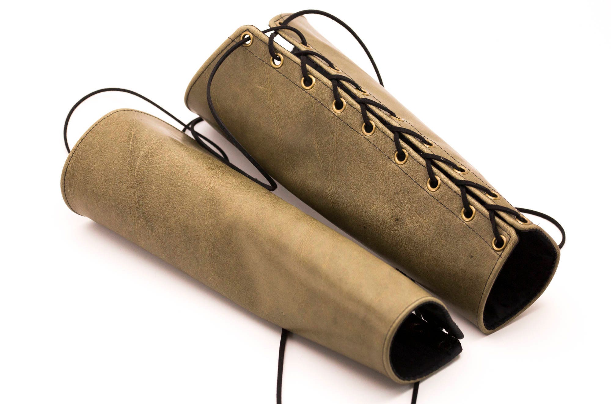 Leather Gauntlets MEDIUM Sage Green Rounded Long Bracers Black Laces ...