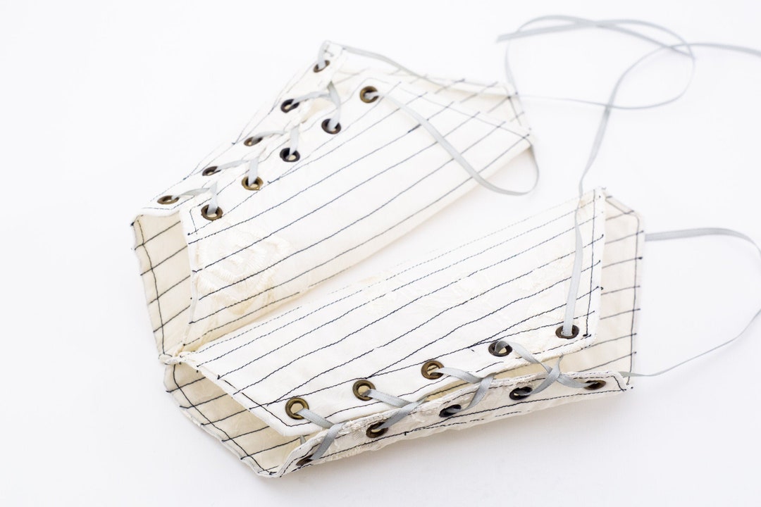 Cloth Bracers SMALL Ivory Fabric Short Pointy Brass Grommets Gray Laces ...