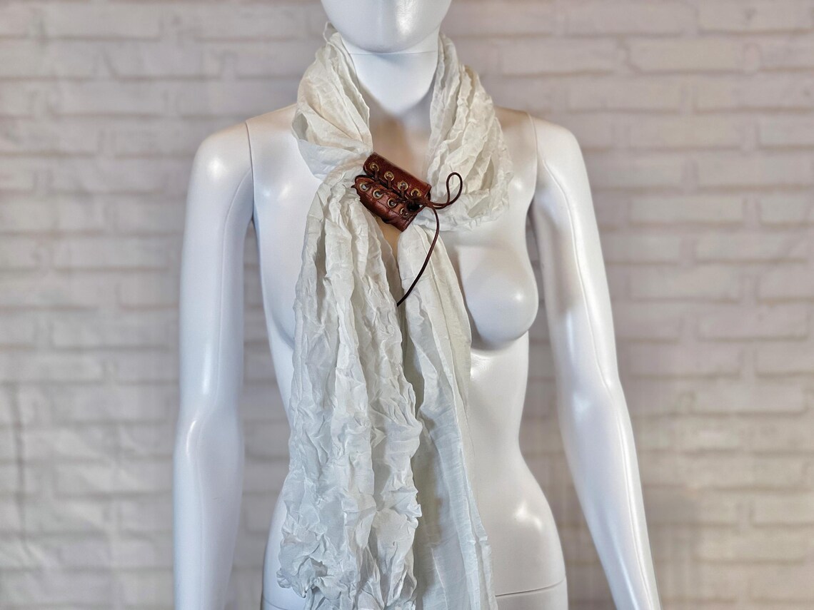 77 by 37 Inch Long Heat Textured Soft White Scarf With Rustic Brown ...