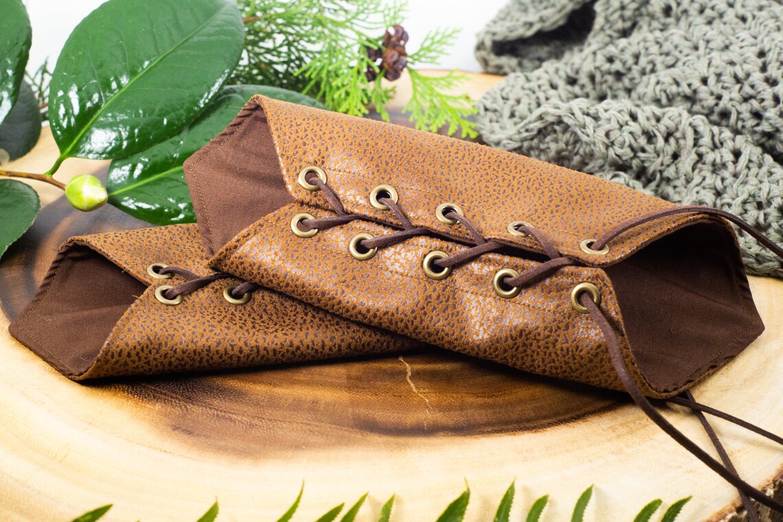 Faux Leather Bracers SMALL Brown Pleather Short Pointy Brass Grommets ...