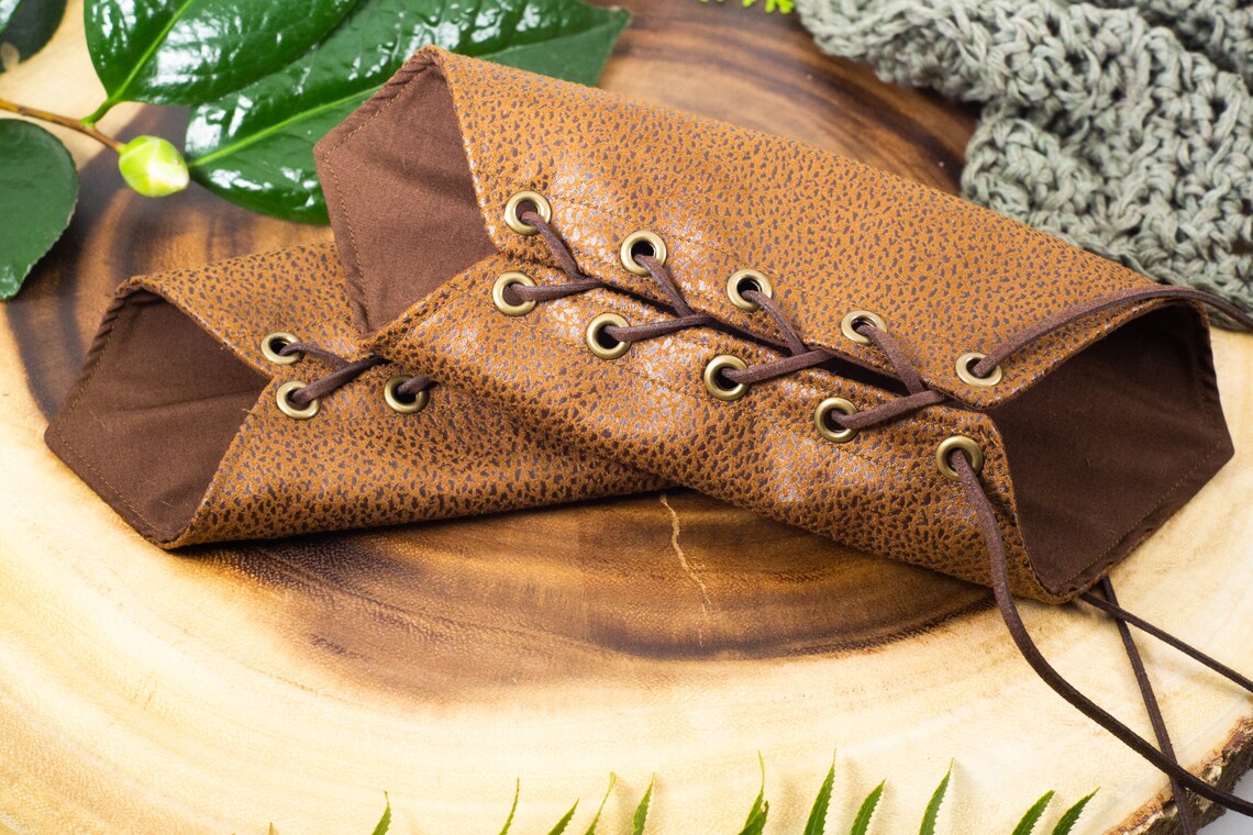 Faux Leather Bracers SMALL Brown Pleather Short Pointy Brass Grommets ...