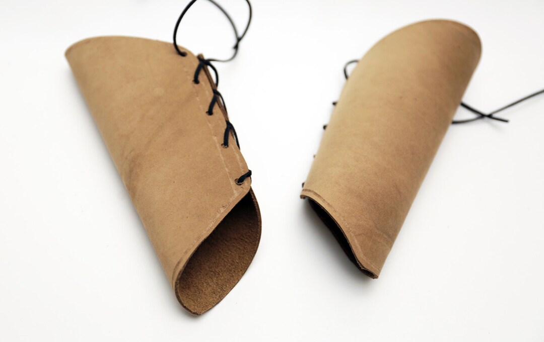 Leather Cuffs MEDIUM Beige Tan Rounded Long Bracers Black Laces ...