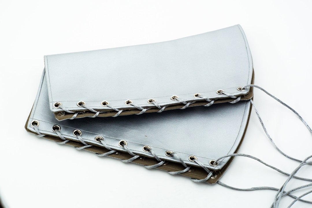Vinyl Bracers MEDIUM Silver Rounded Long Gauntlets Gray Laces Cuffs ...