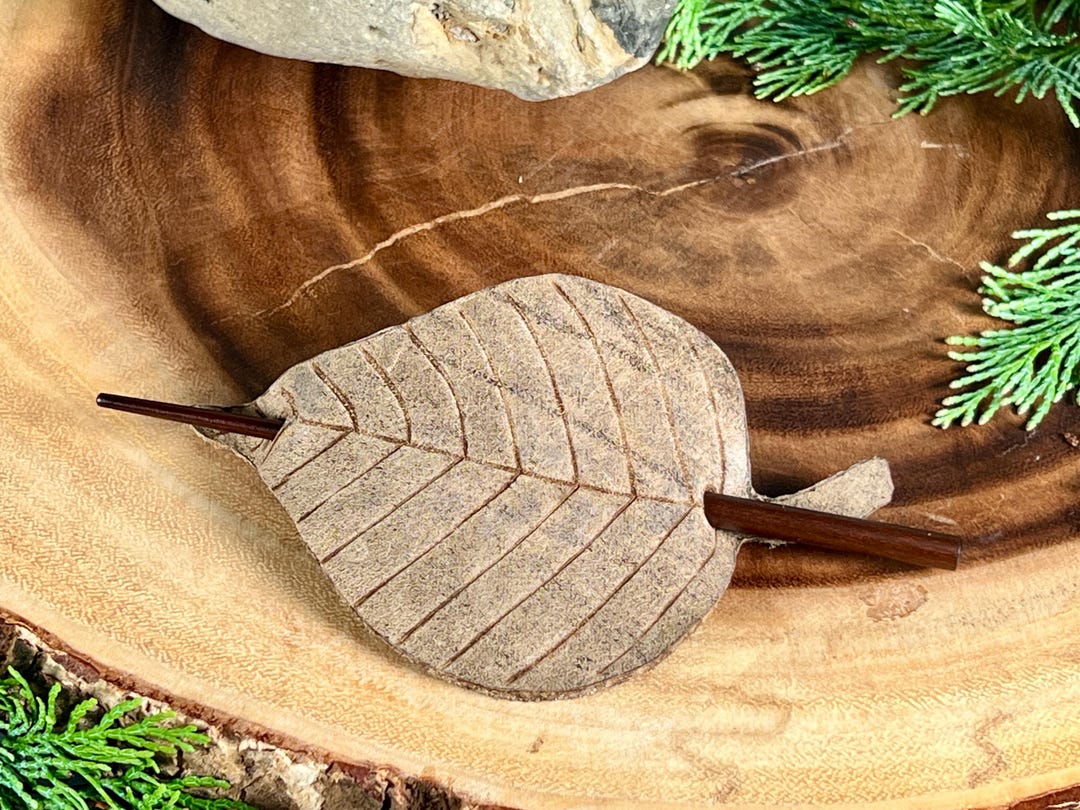 Tan Beige Brown Burned Leather Alder Leaf Shaped Hair Stick Barrette ...