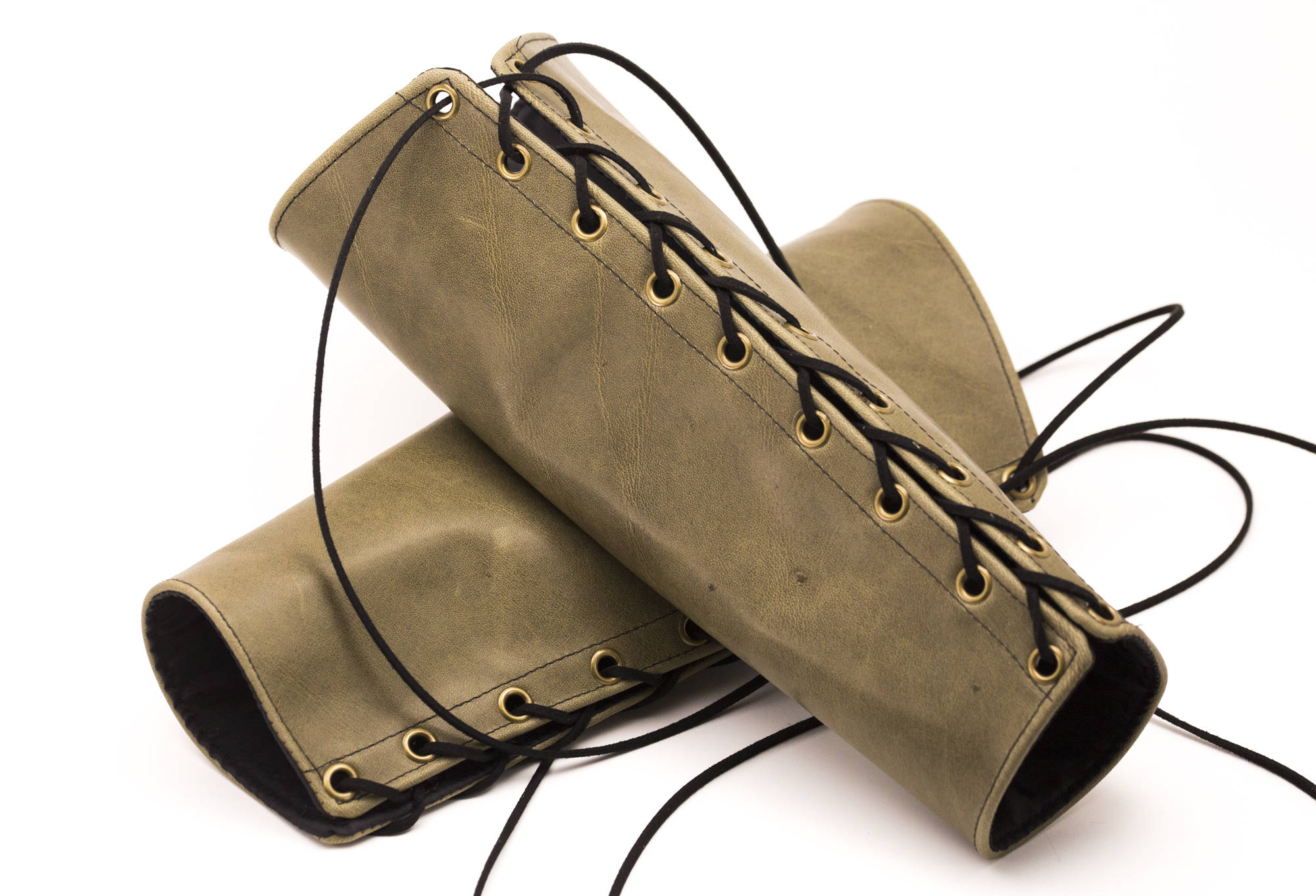 Leather Gauntlets MEDIUM Sage Green Rounded Long Bracers Black Laces ...