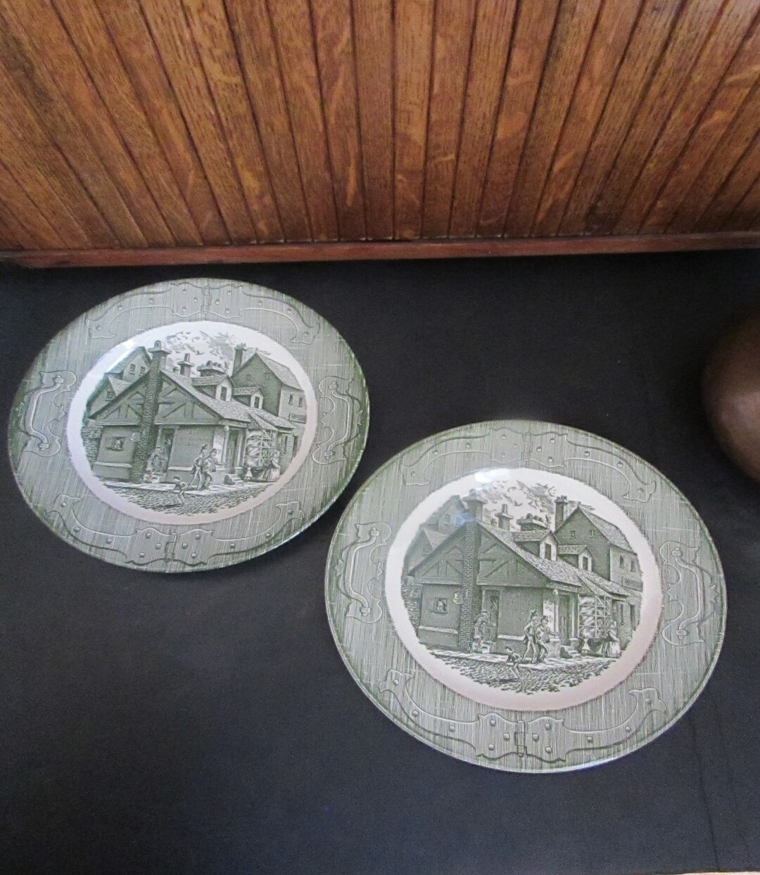 Old Curiosity Shop Dinner Plates – Green & White Pictorial China by ...