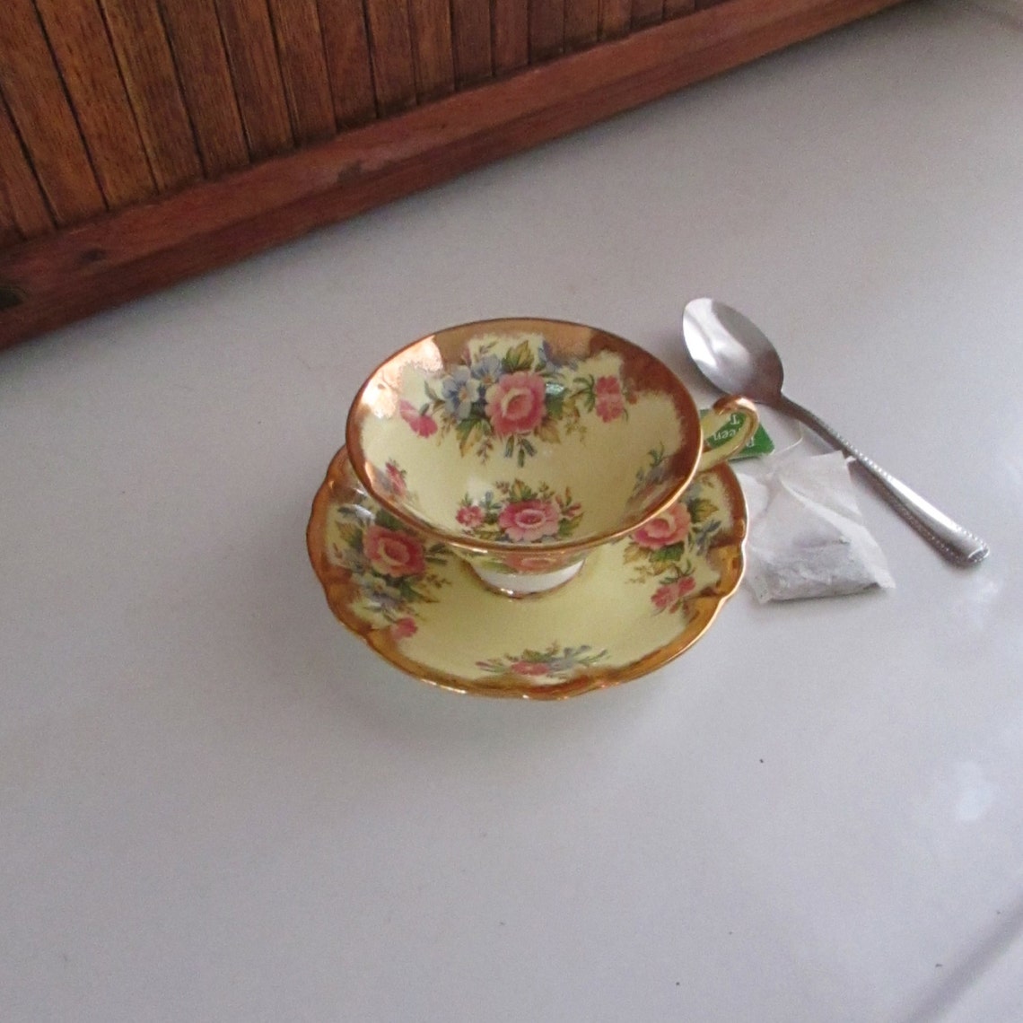 E. B. Foley Tea Cup and Saucer – Yellow Cup With Pink Roses and Blue ...