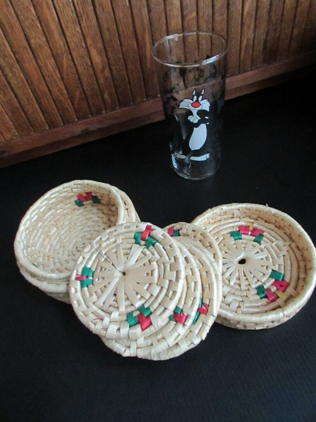 Straw Embroidered Coasters in Matching Box – Set of 6 Round Woven ...