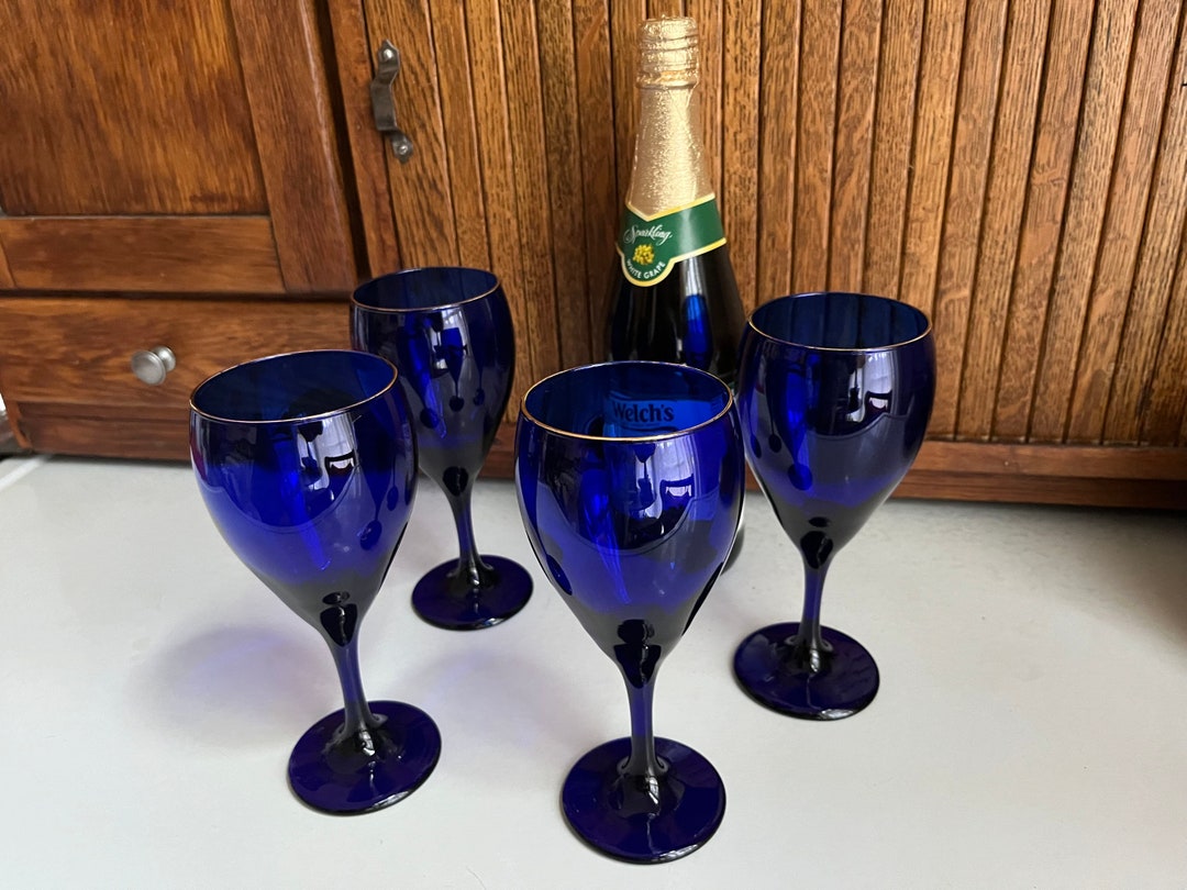 Libbey Cobalt Blue Wine Glasses -plain Dark Blue Stemware With Gold ...