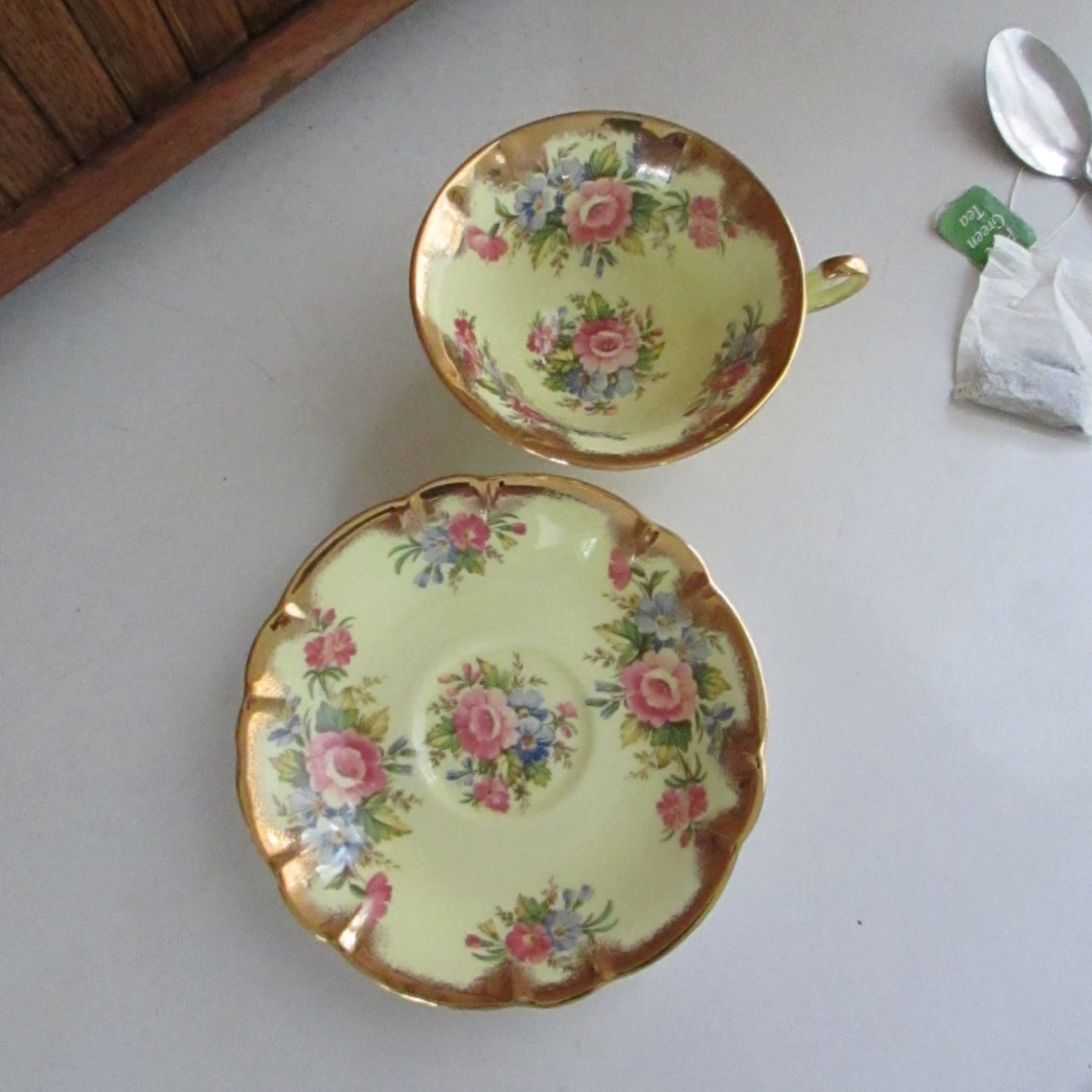 E. B. Foley Tea Cup and Saucer Yellow Cup With Pink Roses - Etsy