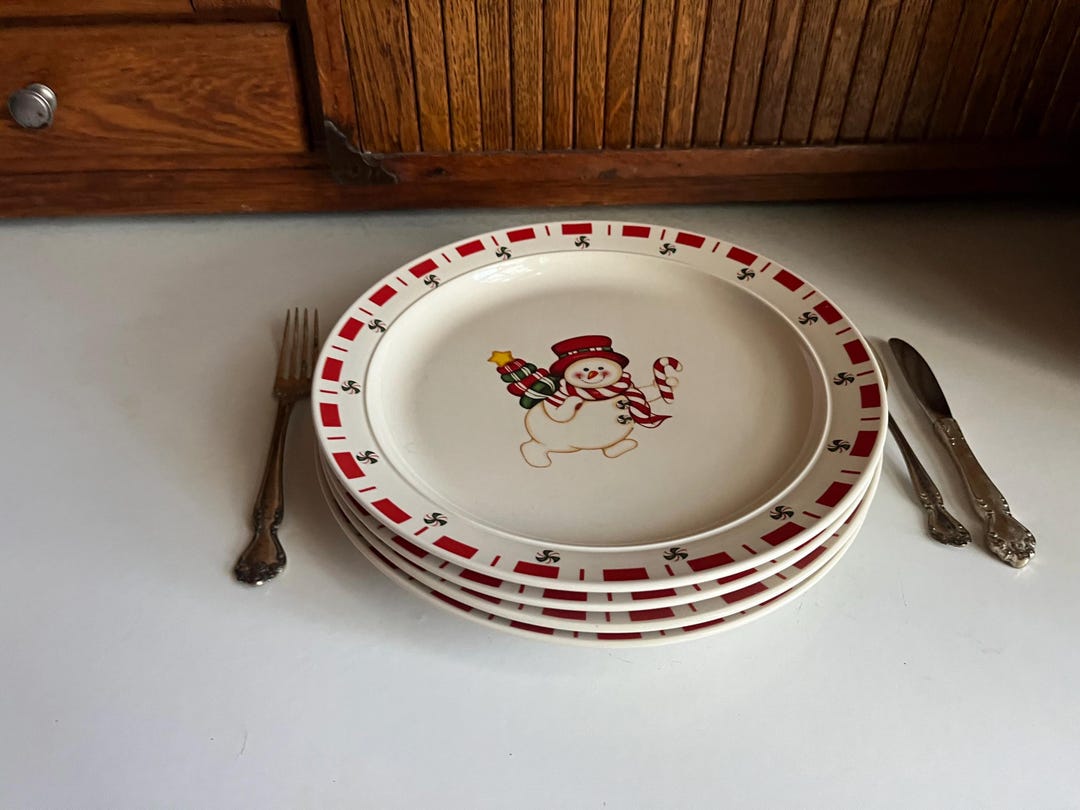Holiday Moments Candy Snowman Dinner Plates – Set of 4– Vintage Snowman ...