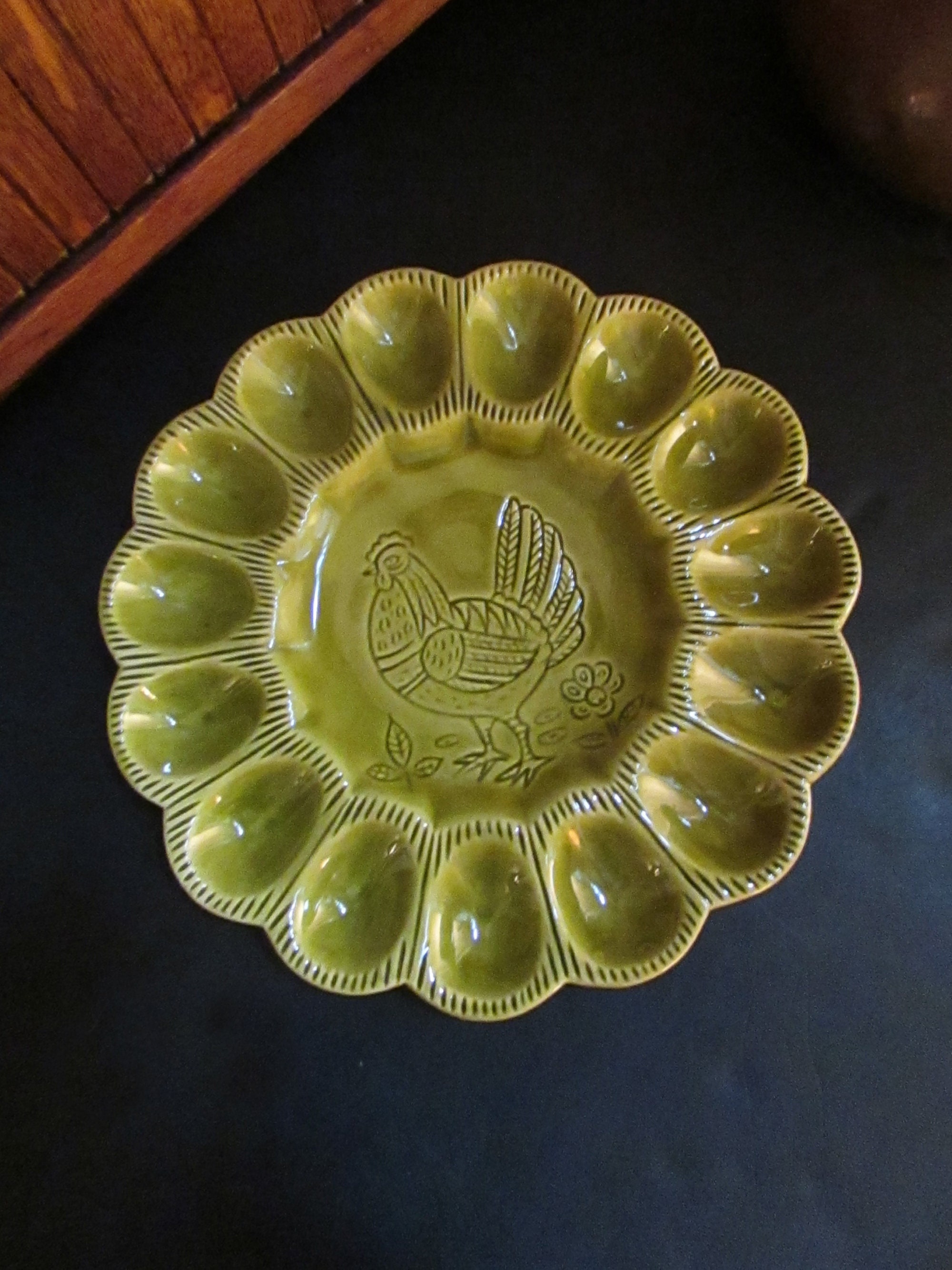 Chicken Deviled Egg Serving Dish \u2013 Avocado Green Round with 15 ...
