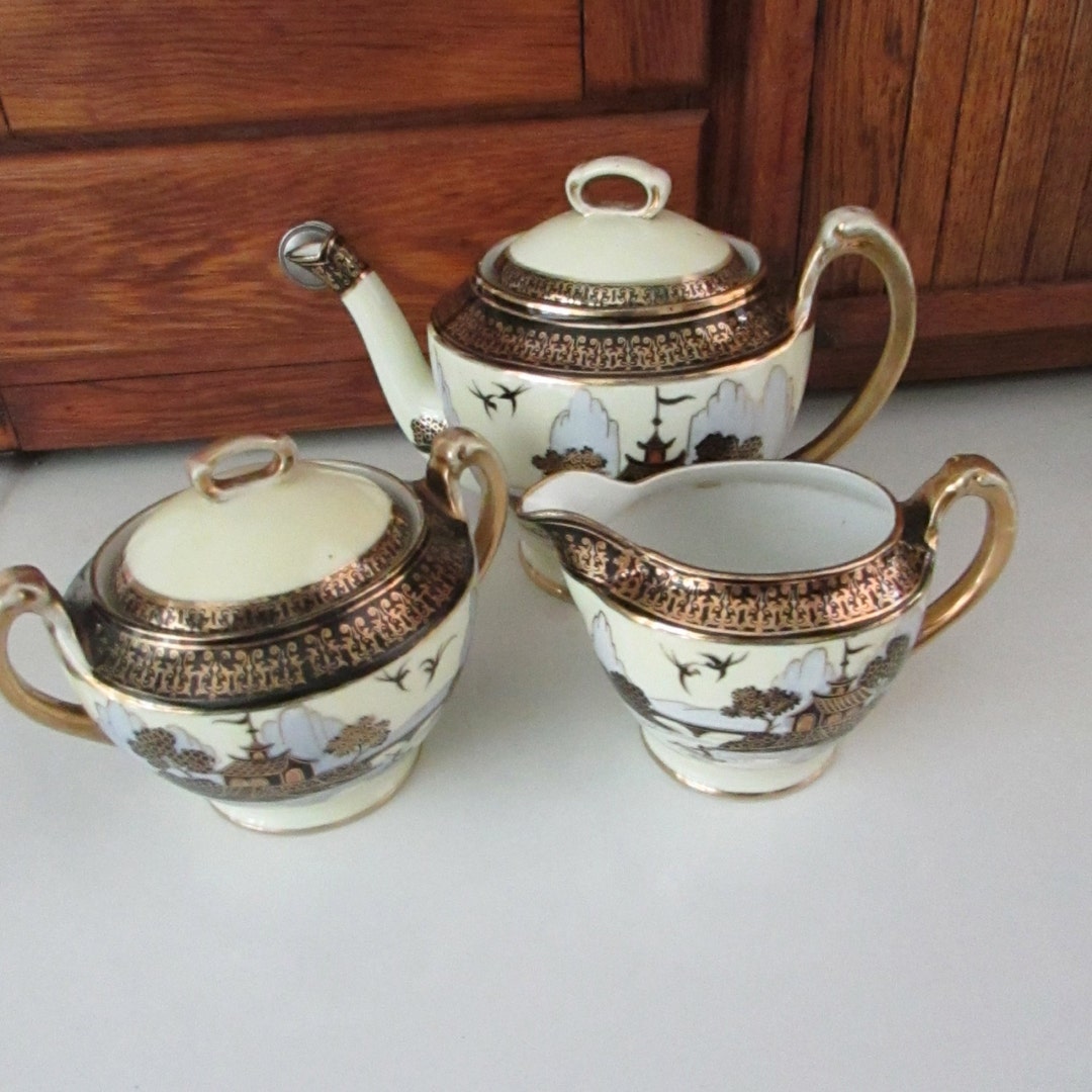 Japanese Tea Set - Oriental Seascape Scene - 5 Piece Yellow Porcelain ...