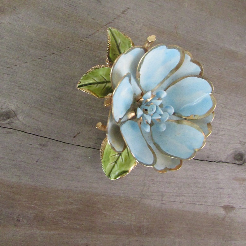 Enameled Blue Flower Brooch by Corocraft - Gold Tone With Blue & White ...