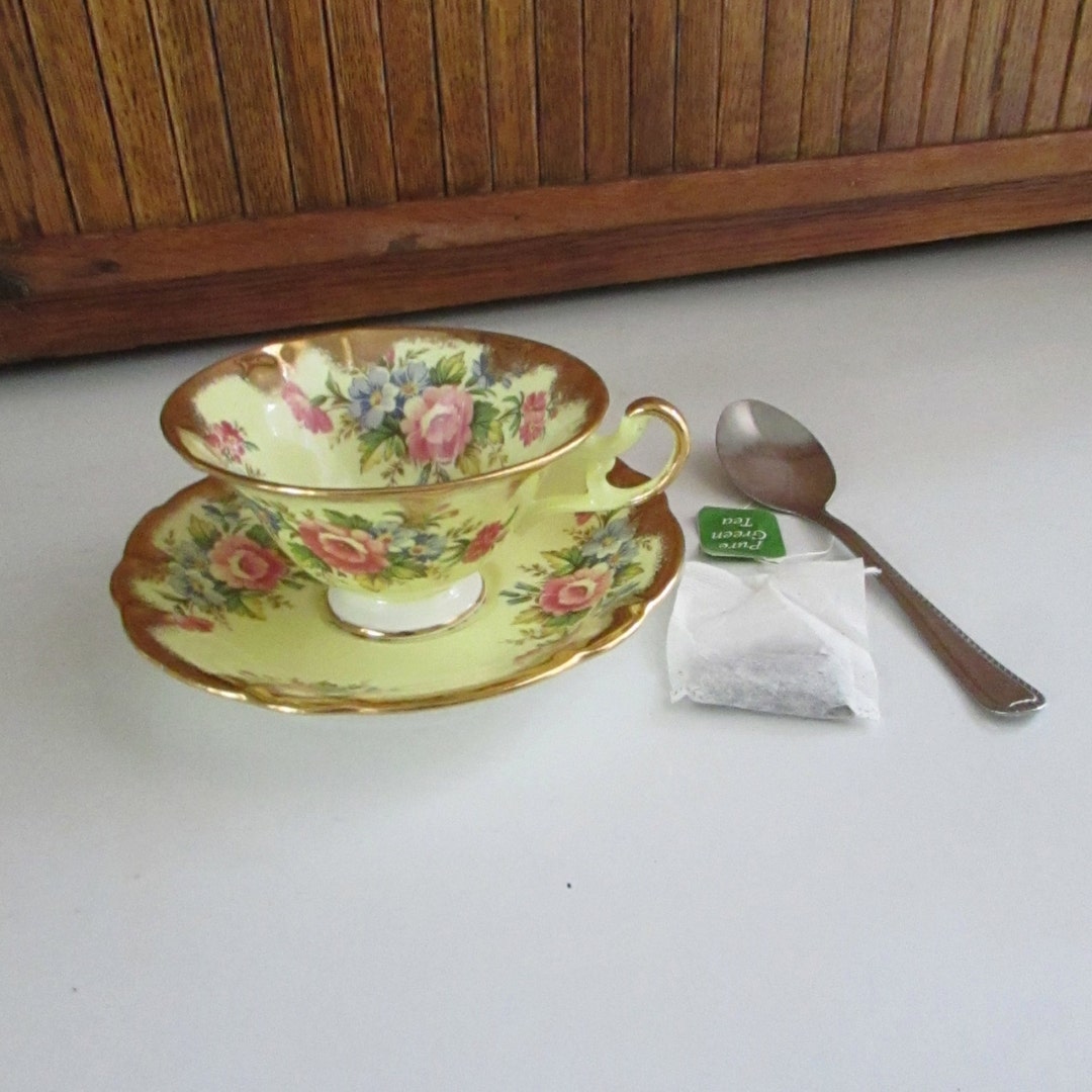 E. B. Foley Tea Cup and Saucer – Yellow Cup With Pink Roses and Blue ...