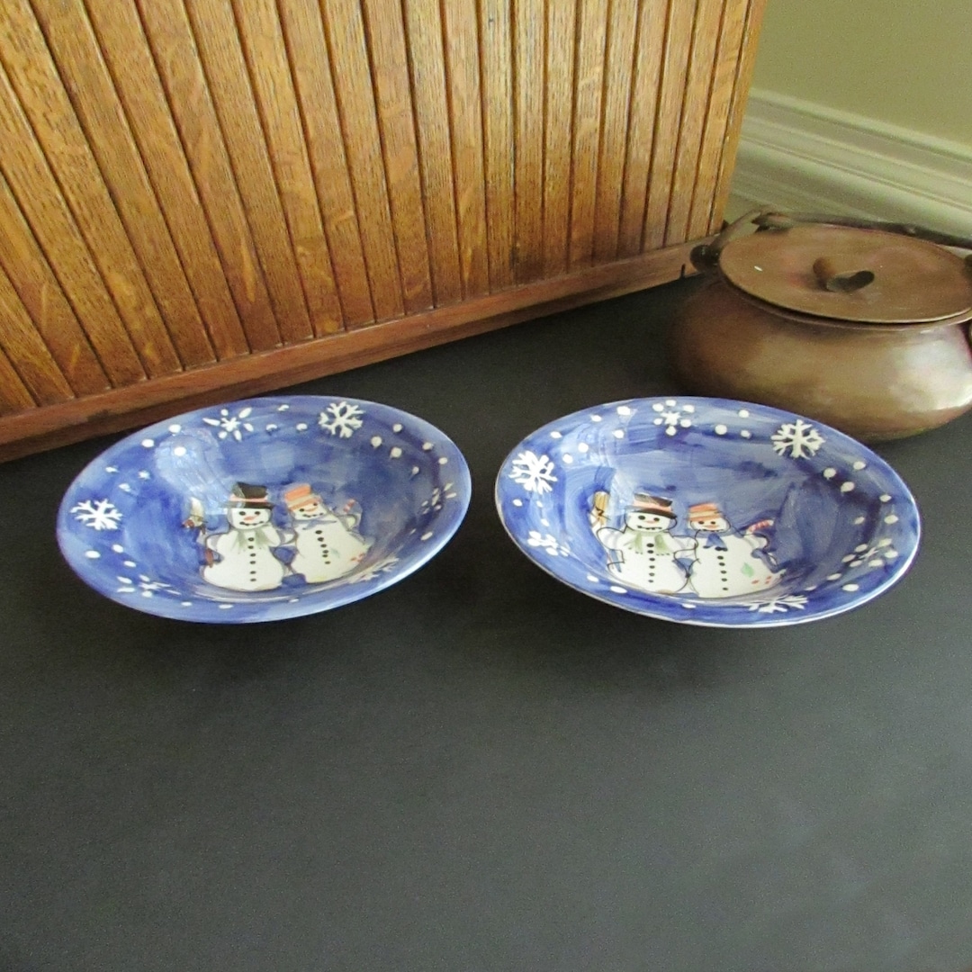 Happy Snow Couple Soup Bowls – Set of 2 Blue Bowls With Snowmen ...