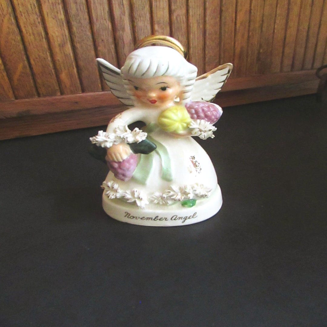 November Angel Figurine – Harvest Angel Holding Grapes & Vegetables ...