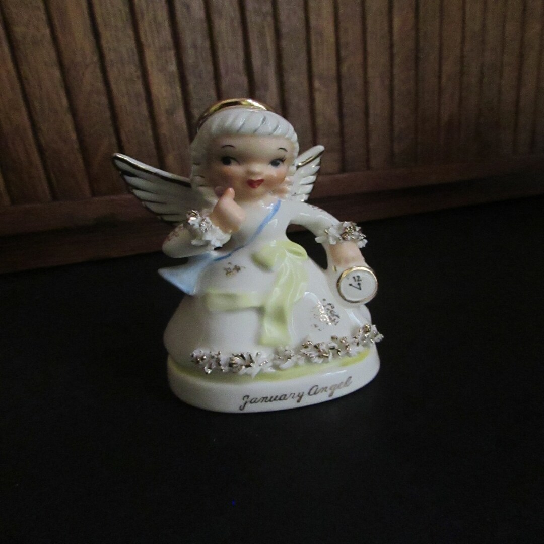 January Angel Figurine – New Year’s Angel Holding Clock – Spaghetti ...