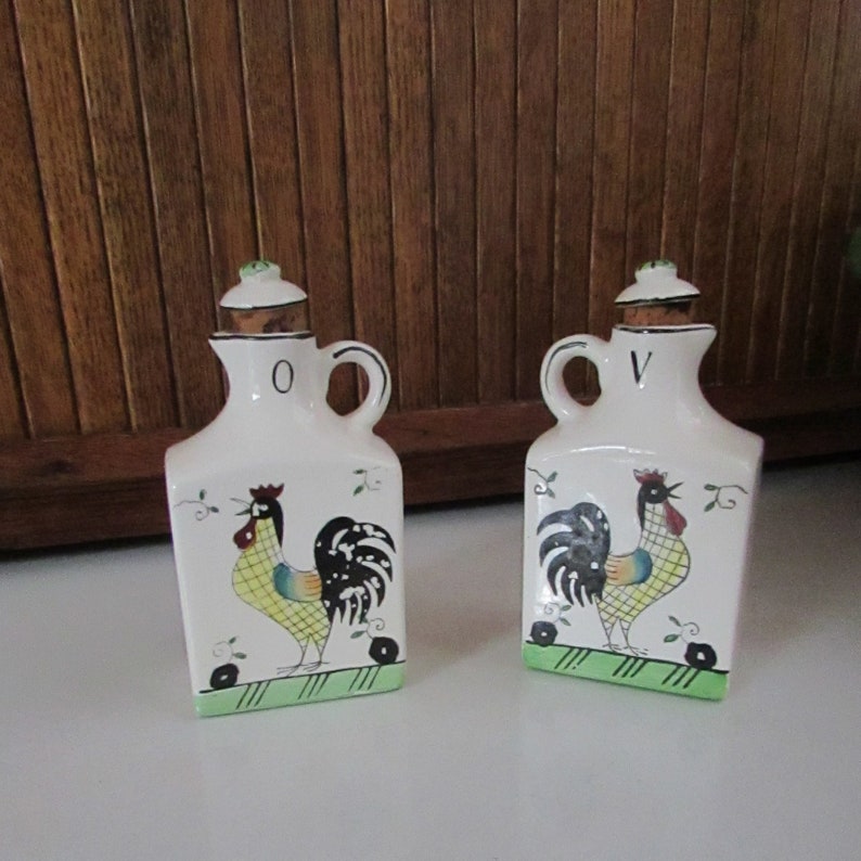 Green and White Rooster Ceramic Oil & Vinegar Cruet Set Set | Etsy